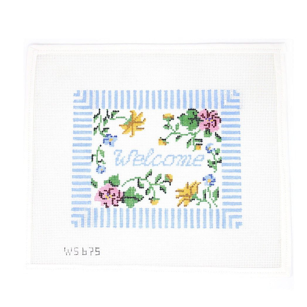 Blue Floral Welcome Sign – Greystone Needlepoint